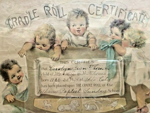 Cradle Roll Certificate 1934 Baptist Sunday School Precious Baby ...