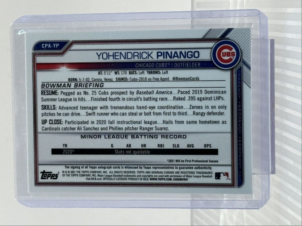 YOHENDRICK PINANGO 2021 BOWMAN CHROME 1ST GREEN ATOMIC AUTO /99 Q0001 ...