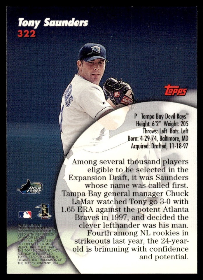 1998 Stadium Club Baseball Tony Saunders Auto Tampa Bay Devil Rays #322 ...