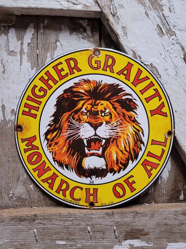VINTAGE GILMORE PORCELAIN SIGN OLD GRAVITY LION CAR OIL STATION GAS ...