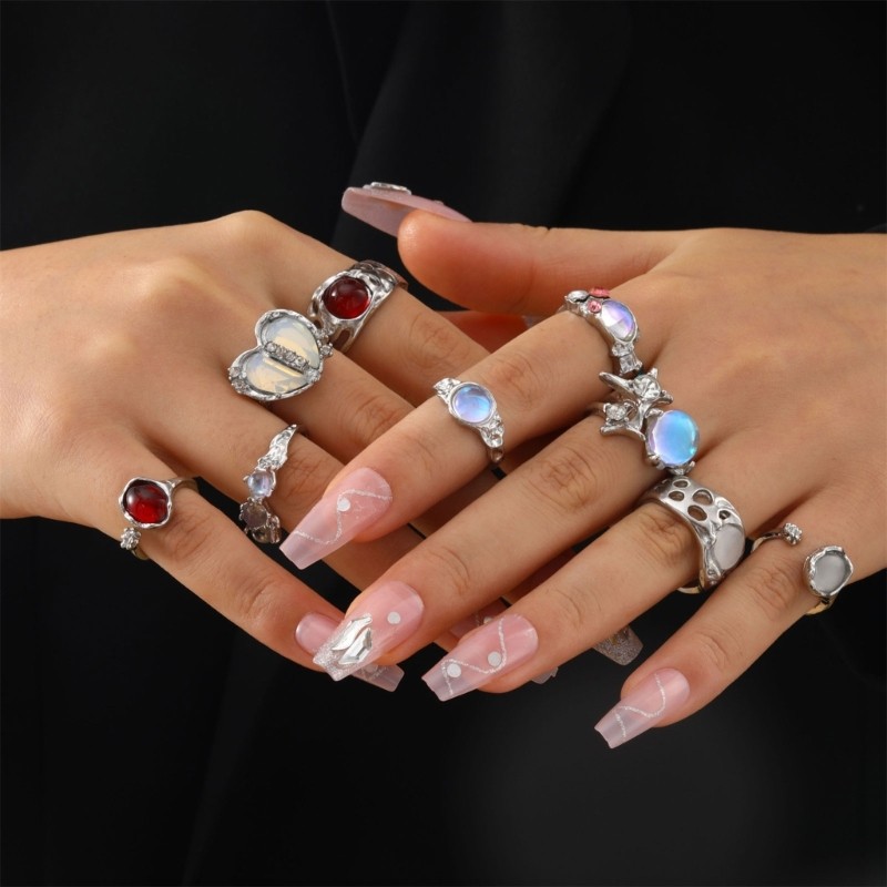 9PCS Silver Plated Rings Set with Dainty Moonstone Crystal Rhinestones ...