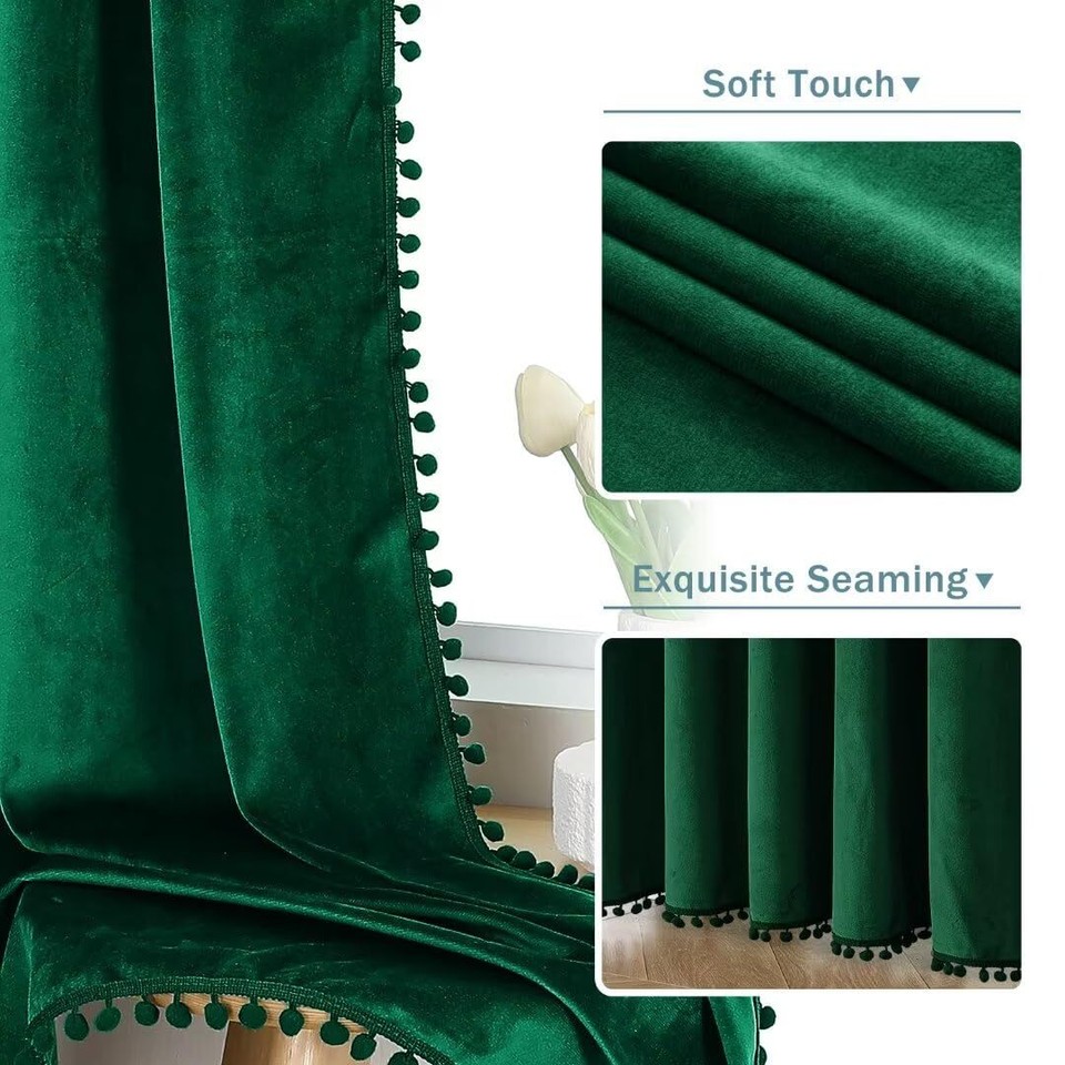 Pom Pom Velvet Curtains 96 Inches For Bedroom Emerald Velvet Curtains ...