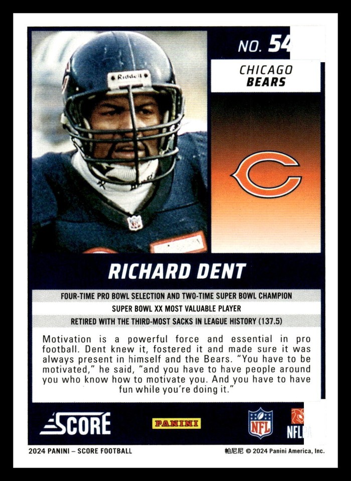 2024 Panini Score Football Base Chicago Bears 54 Richard Dent | eBay