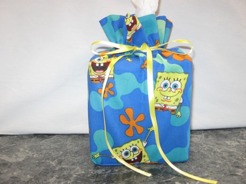 Sponge Bob & Flowers on blue cotton Fabric square Tissue Box Cover ...