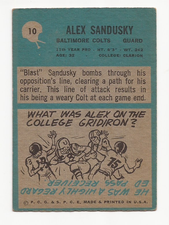 1964 PHILADELPHIA FOOTBALL BALTIMORE COLTS ALEX SANDUSKY CARD #10 | eBay