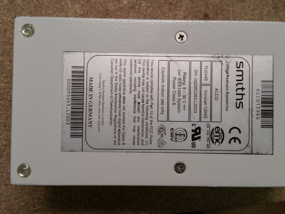 Heimann Biometric Acco RJ0449 Firewire Security Fingerprint ID Scanner ...