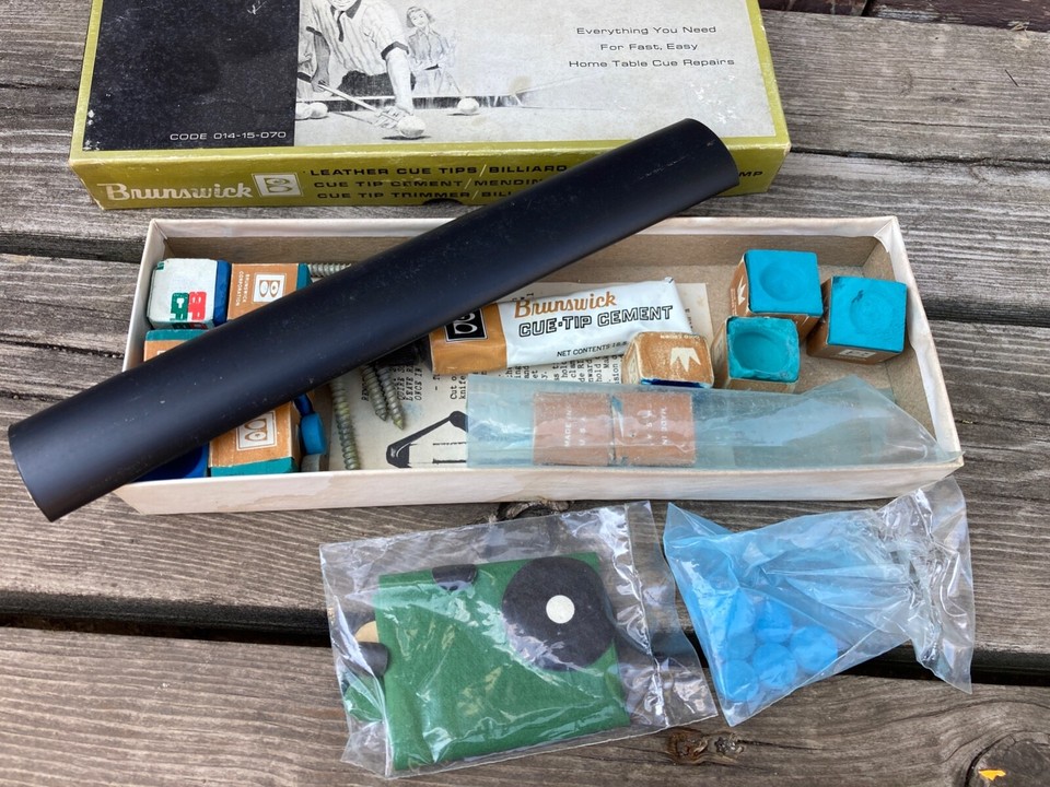 VTG BRUNSWICK POOL STICK CUE TIP REPAIR KIT w OLD CHALK BOX | eBay