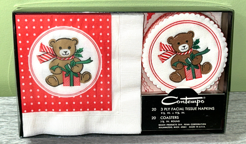 Vintage Contempo Christmas Bears 20 Cocktail Napkins + 20 Coasters Set ...