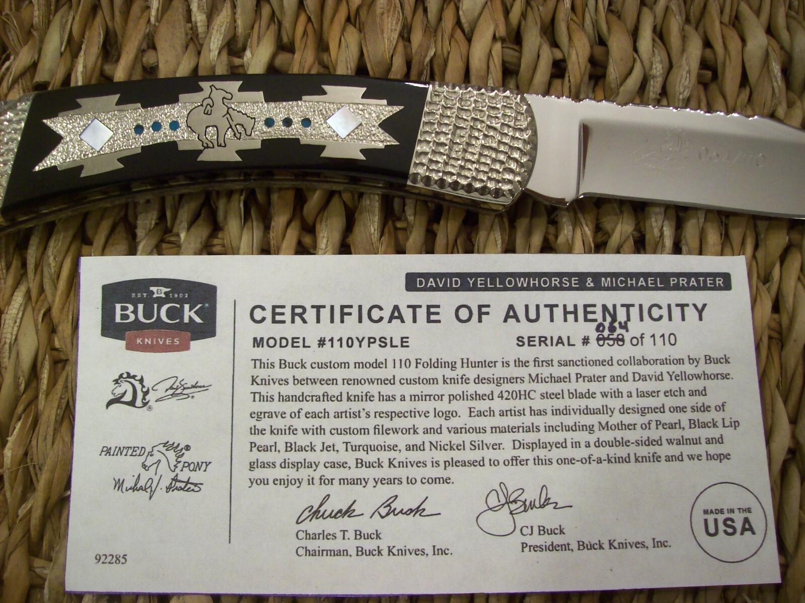 CUSTOM BUCK KNIFE 110 By "David Yellowhorse / Michael Prater #064/110 ...