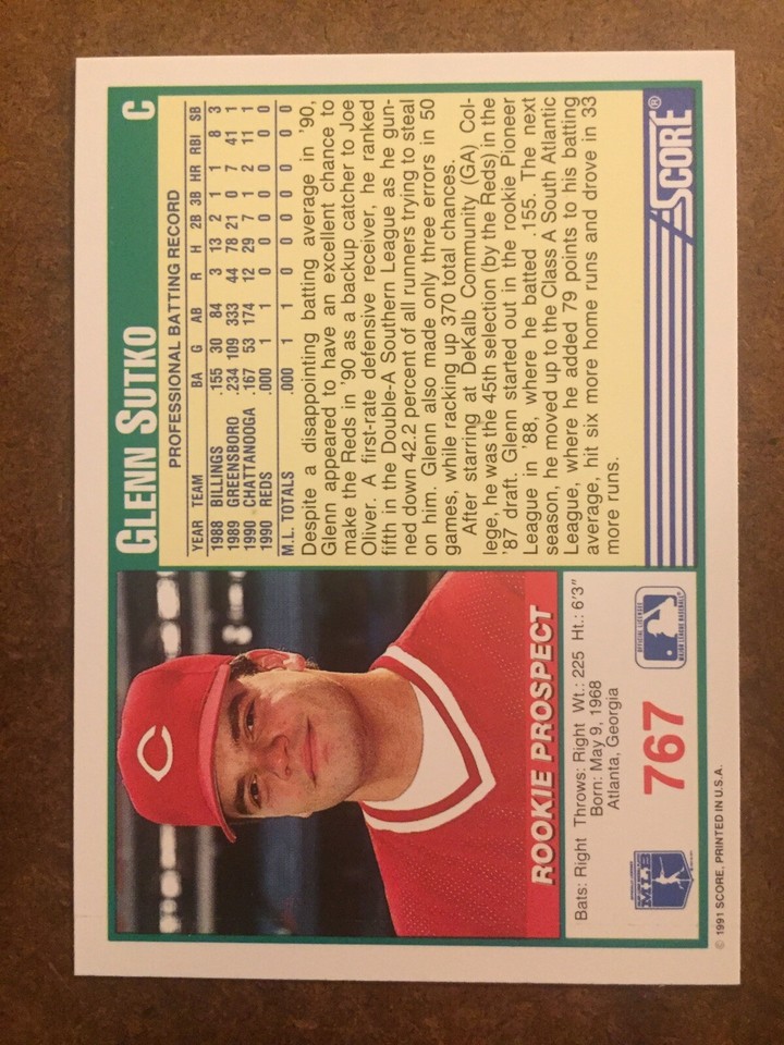 Glenn Sutko 767 Rookie Prospect Score 1991 MLB Baseball Trading Card | eBay