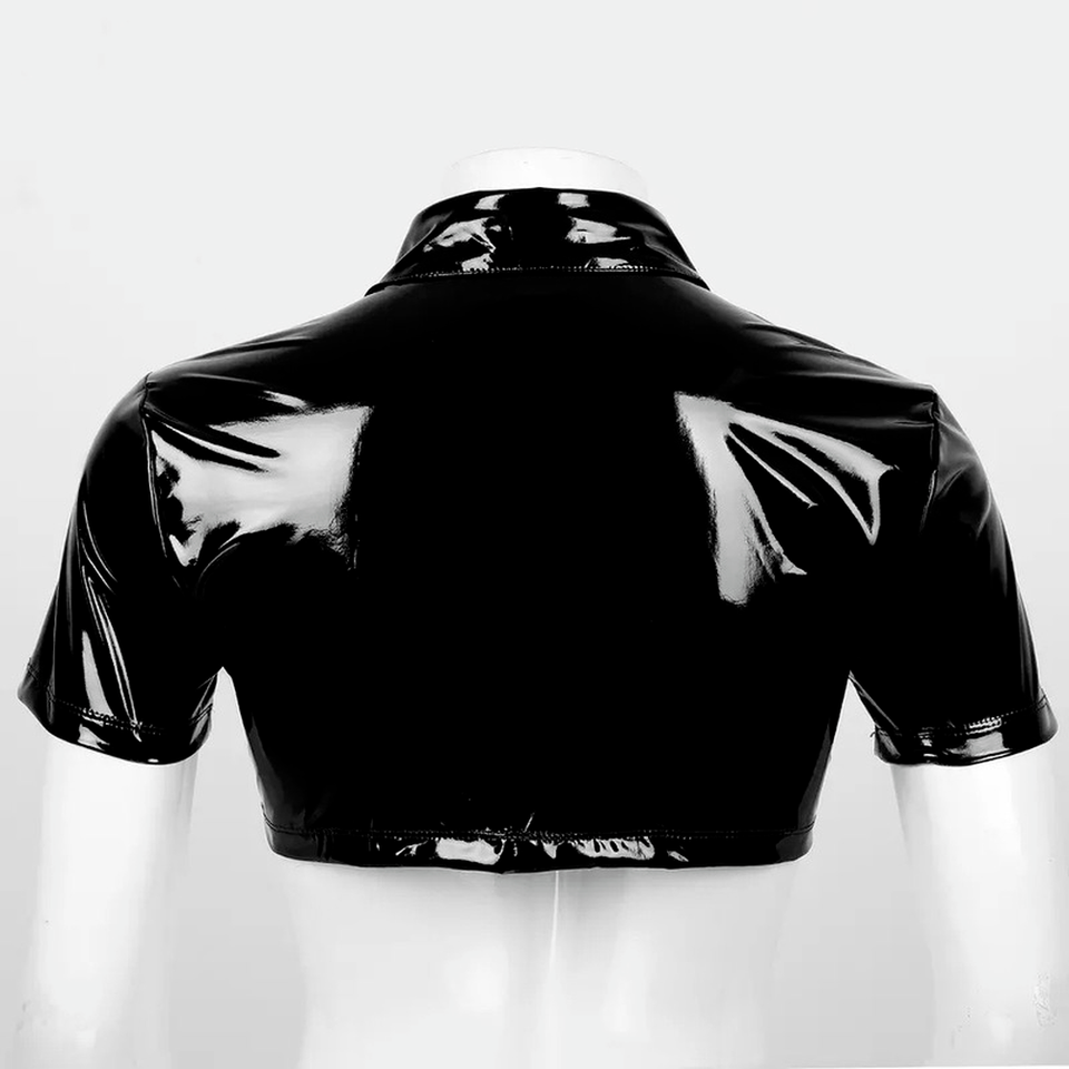 Men PVC Crop Top Blouse Shiny Faux Patent Leather Half Shirt Jacket ...