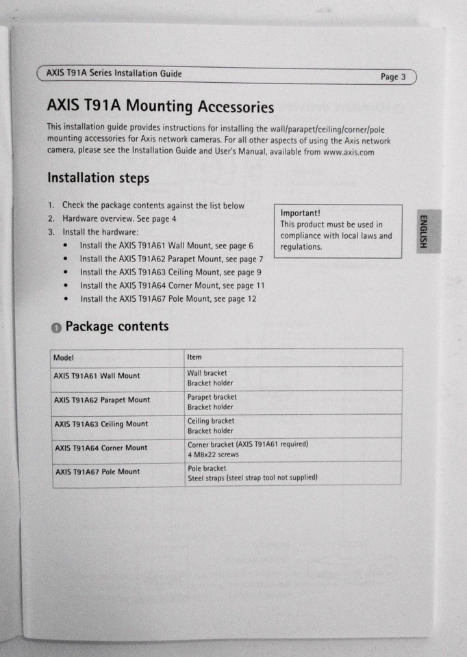 Axis Installation Guide for T91A61 T91A62 T91A63 T91A64 T91A67 Mounts ...