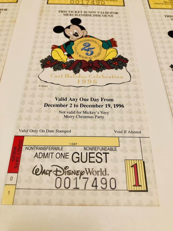1996 Walt Disney World 25th Anniv Cast Member Holiday Unused Coupons ...