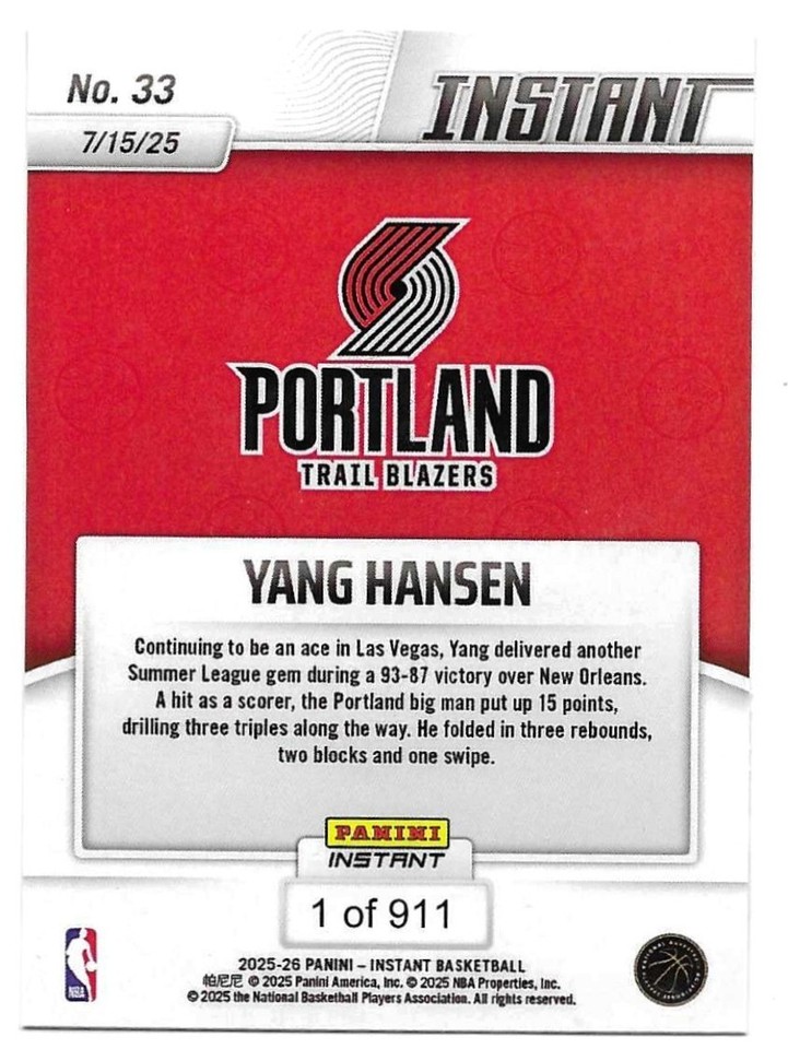 Yang Hansen ROOKIE 2025-26 Panini Instant NBA Summer League #33 SP/911 ...