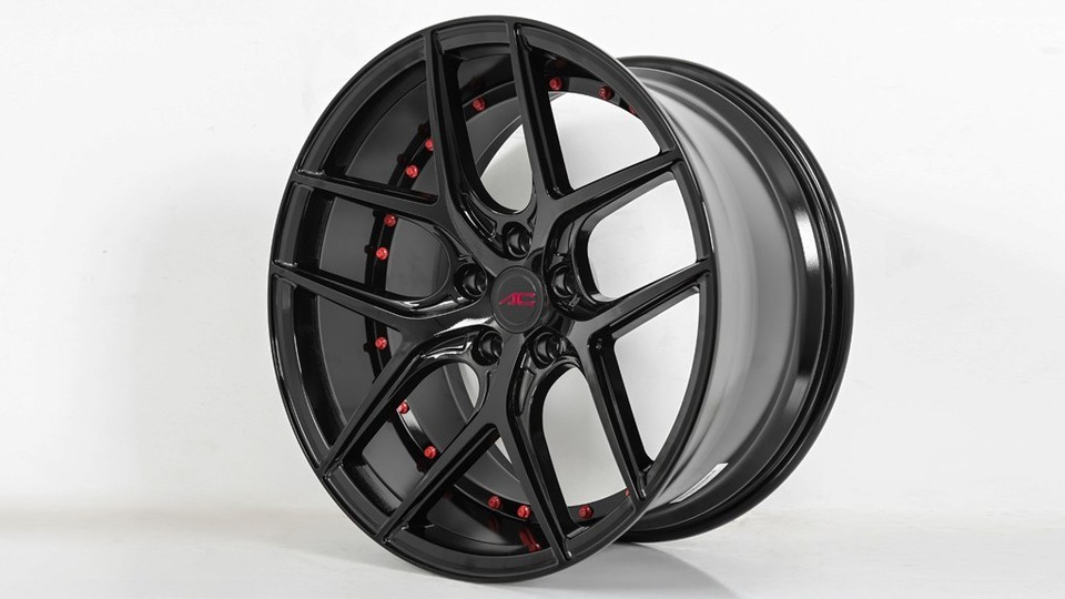 20x9" Staggered AC Wheels Divino Gloss Black with Custom Red Rivets ...