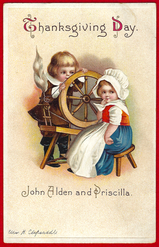 Vtg Clapsaddle Thanksgiving Famous Pilgrim Couple Spinning Wheel A/S ...