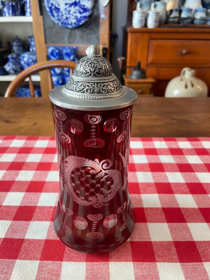 Antique Egermann Bohemian Ruby cut Glass Stein with Pewter Lid | eBay