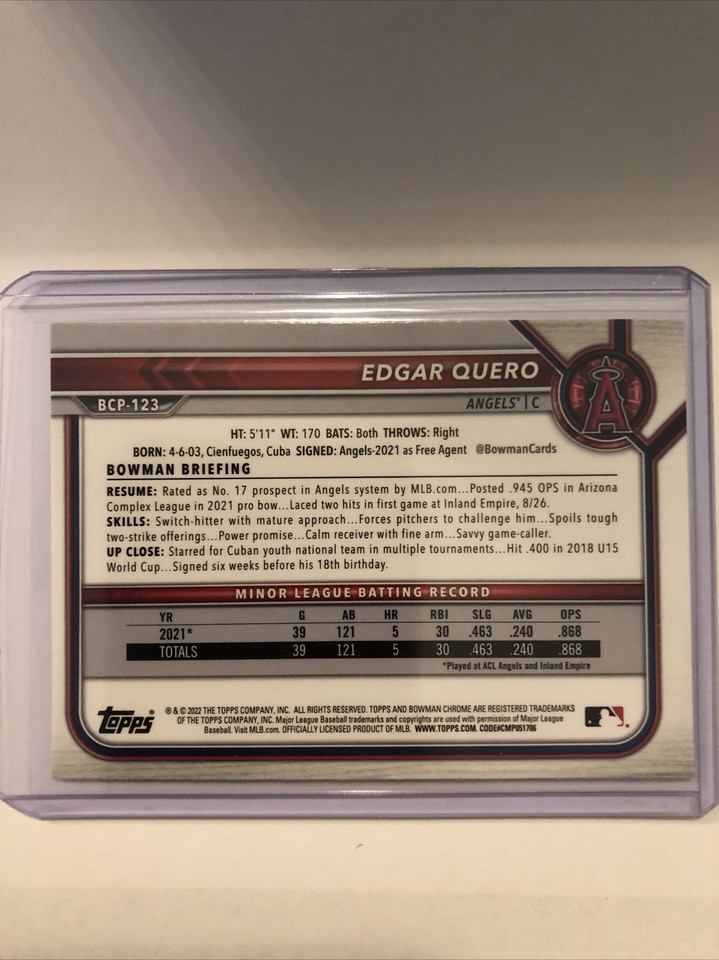 2022 Bowman Baseball Edgar Quero #BCP-123 1st Bowman Chrome Angels | eBay
