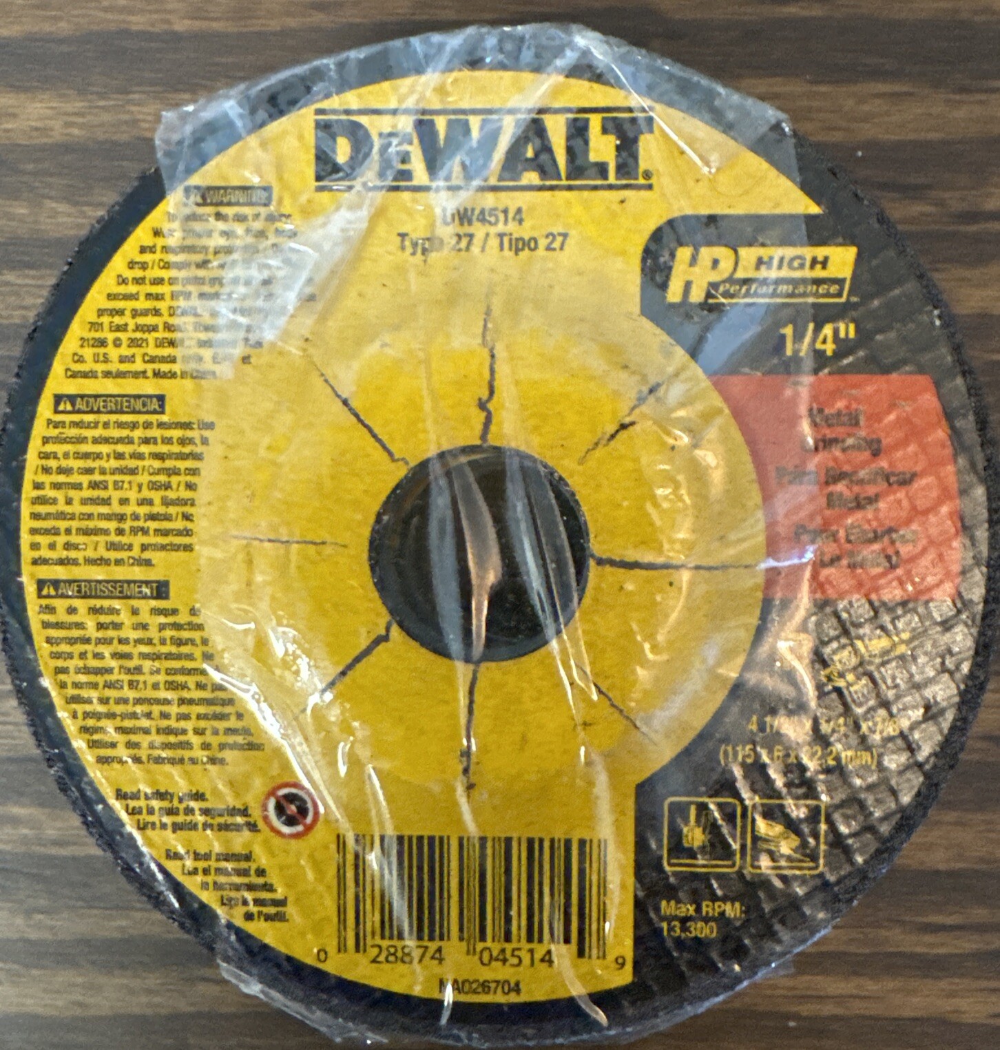 4 PACK DEWALT DW4514 HIGH PERFORMANCE METAL GRINDING WHEELS 4-1/2" X 1/ ...