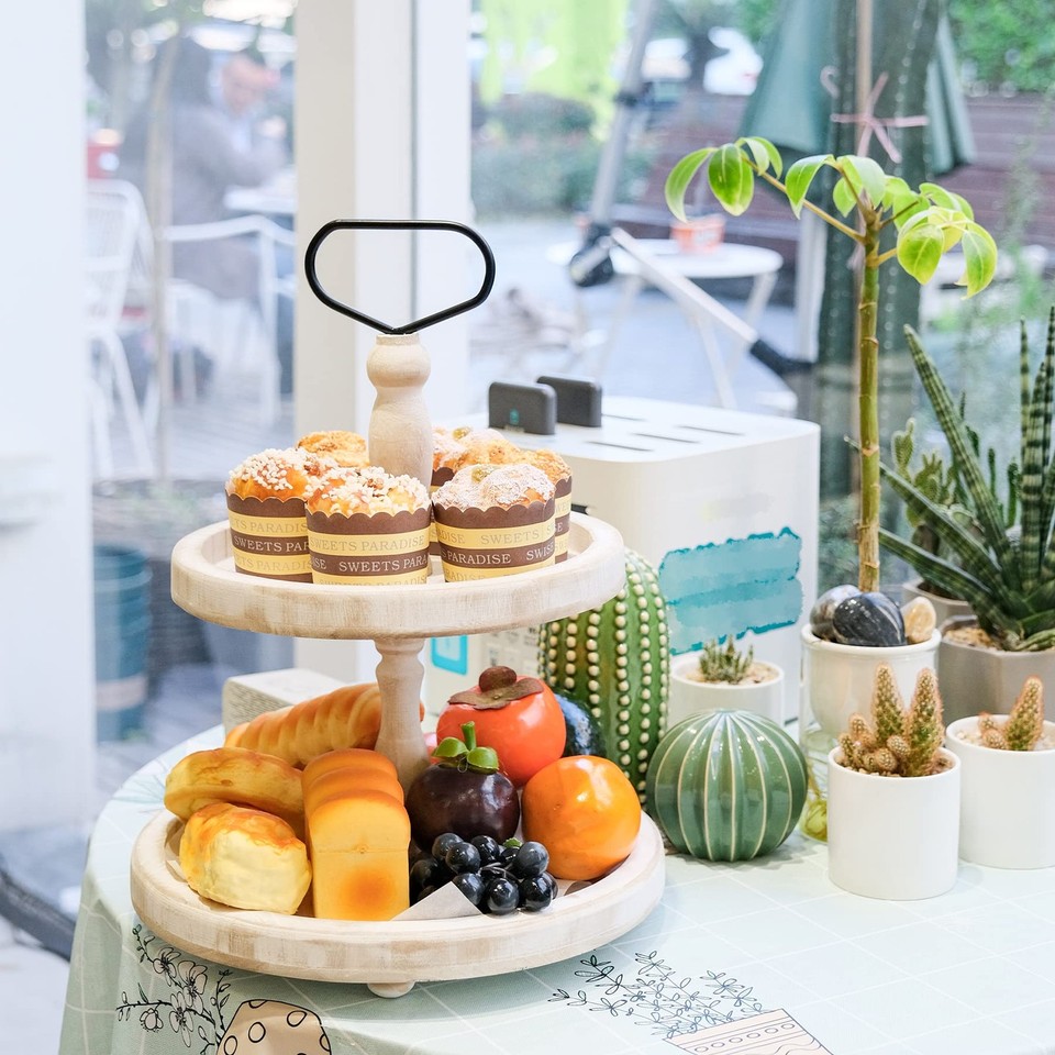 Mustry Rustic Wooden 2 Tiered Tray, Round Farmhouse Kitchen White ...