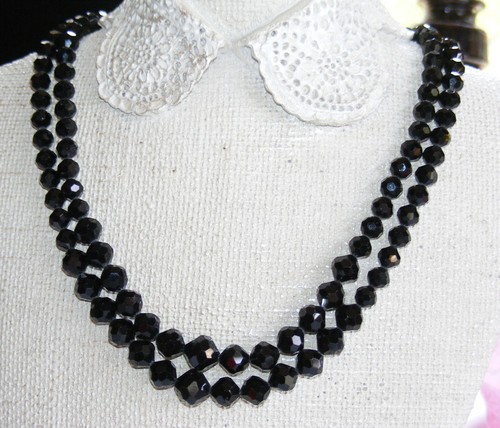 Vintage 2-Strand Faceted Jet Black Glass Beaded 20" Necklace Rhinestone ...