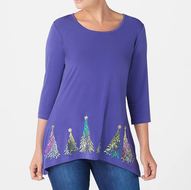 Quacker Factory Women 3/4-Sleeve Sequin Tree Trapeze Hem Knit Top Size ...