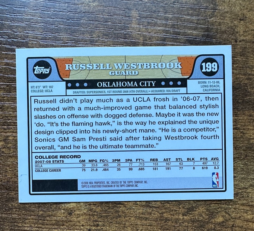 2008-09 Topps #199 Russell Westbrook RC rookie #X6517 | eBay