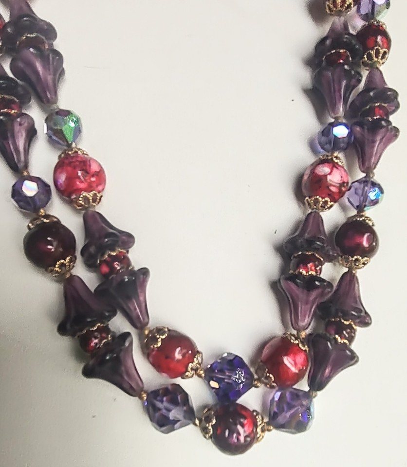 Vtg Miriam Haskell Unsigned AB Art Glass Mixed Materials Red & Purple ...