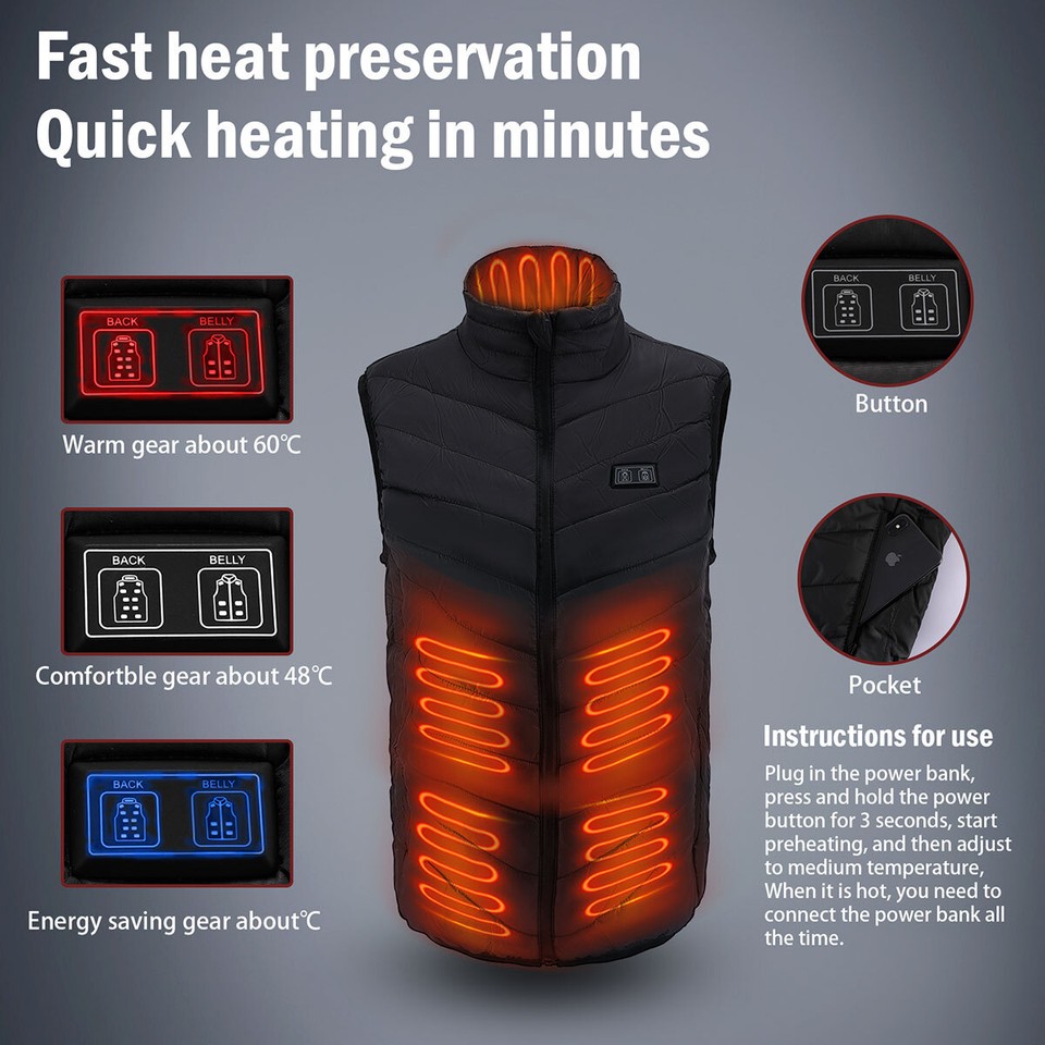 Heated Vest 15 Heating Zones Electric USB Jacket Winter Warm Men Women ...