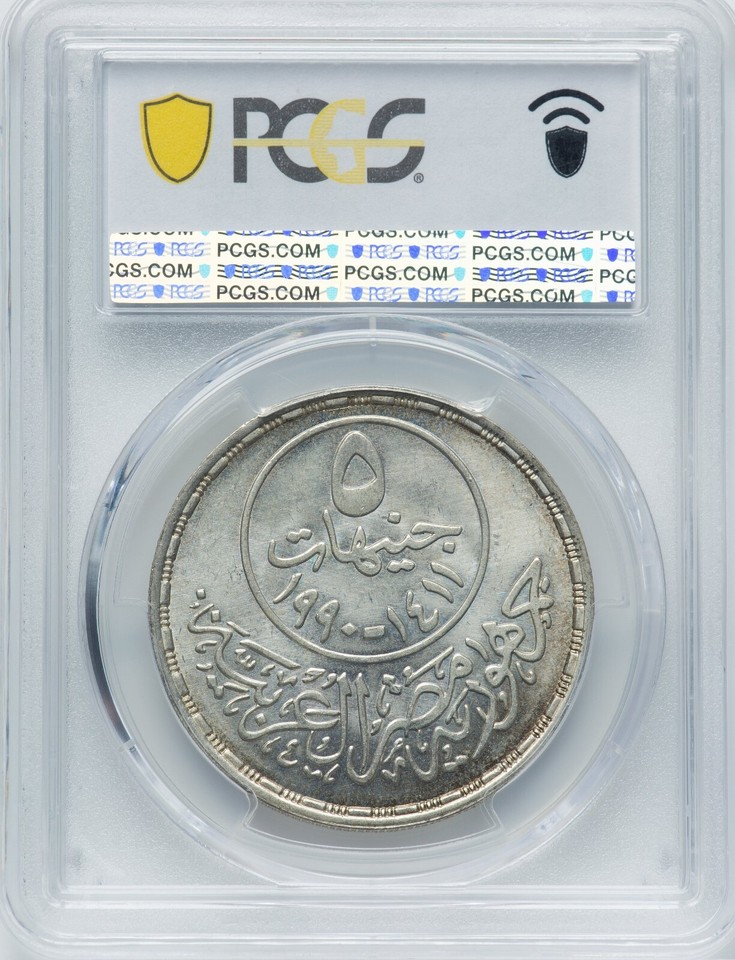 EGYPT , SILVER 5 POUNDS ALEXANDRIA SPORTING CLUB 1990 (33) PCGS MS 66 ...