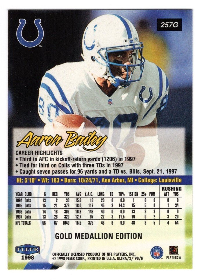1998 ULTRA GOLD MEDALLION AARON BAILEY CARD #257 **NM-MT** INDIANAPOLIS ...