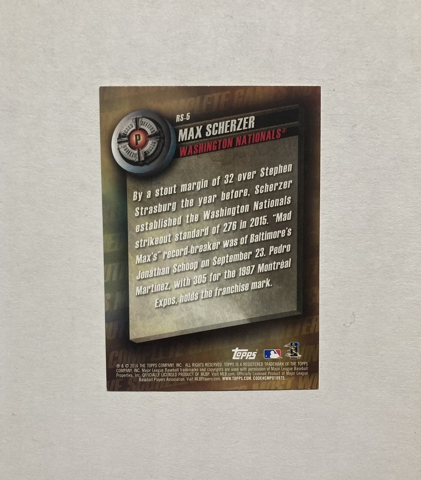 Max Scherzer 2016 Topps Record Setters Inserts #RS-5 - Washington ...
