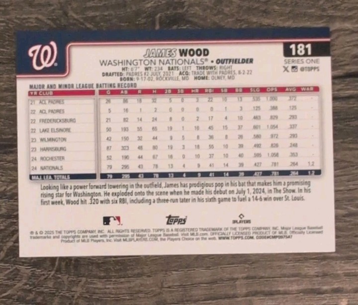 2025 Topps Palm Tree Parallel James Wood Rookie Nationals | eBay