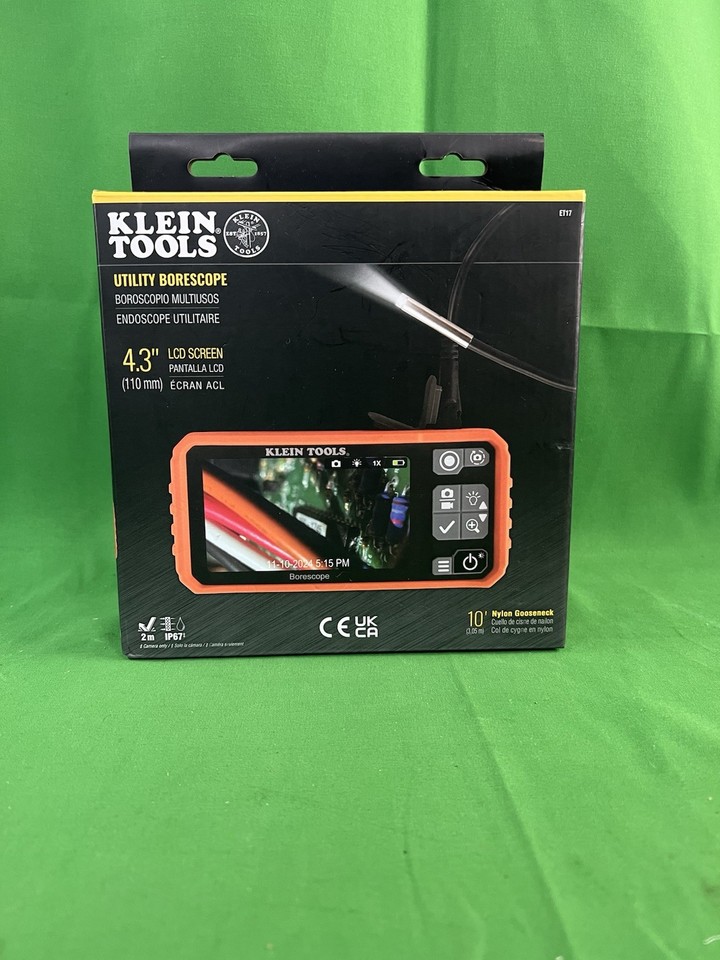 Klein Tools ET17 4.3" LCD Screen Utility Borescope 10' Nylon Gooseneck ...
