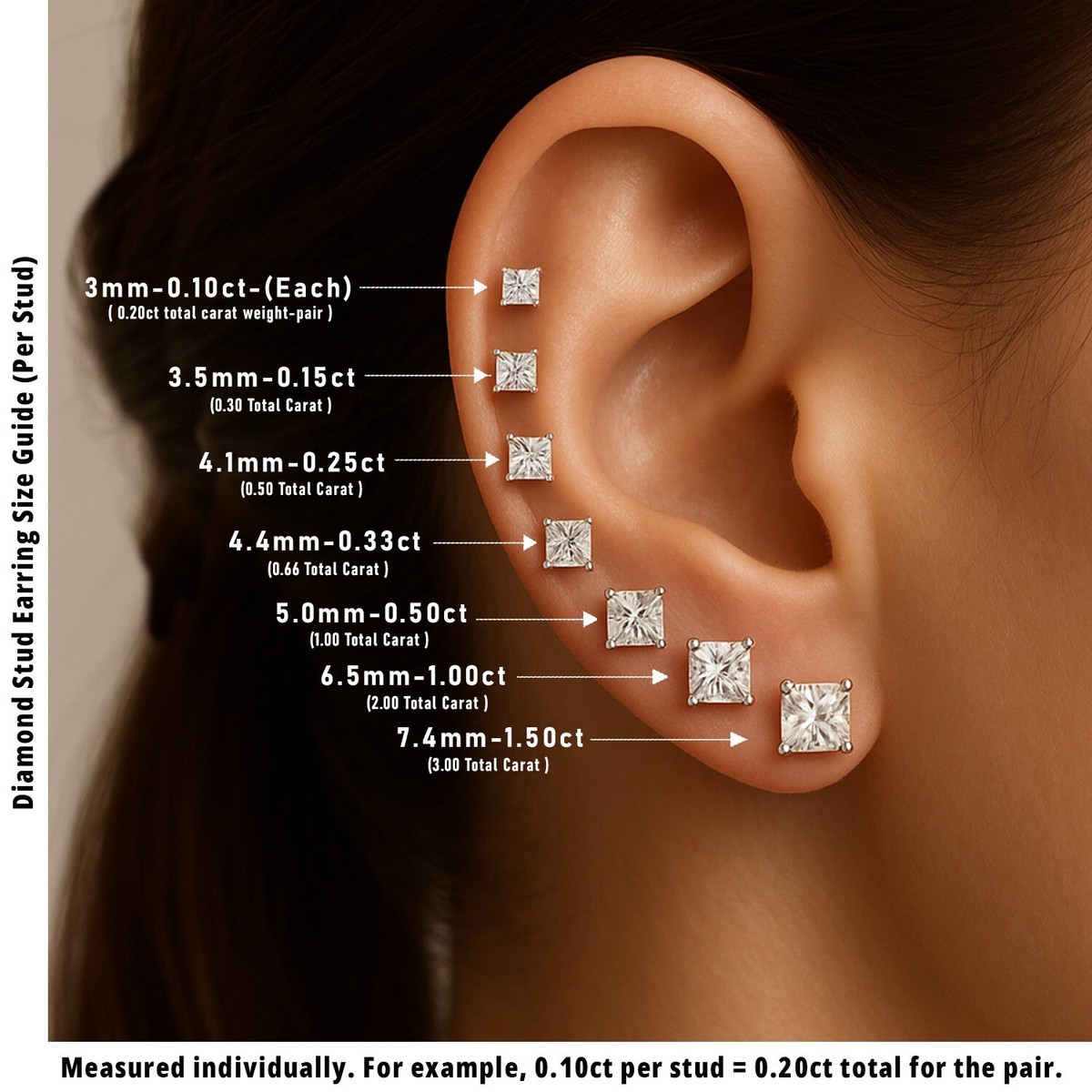 Diamond Stud Earring Size Chart 0.2ct 8.0ct 18ct White Yellow Gold