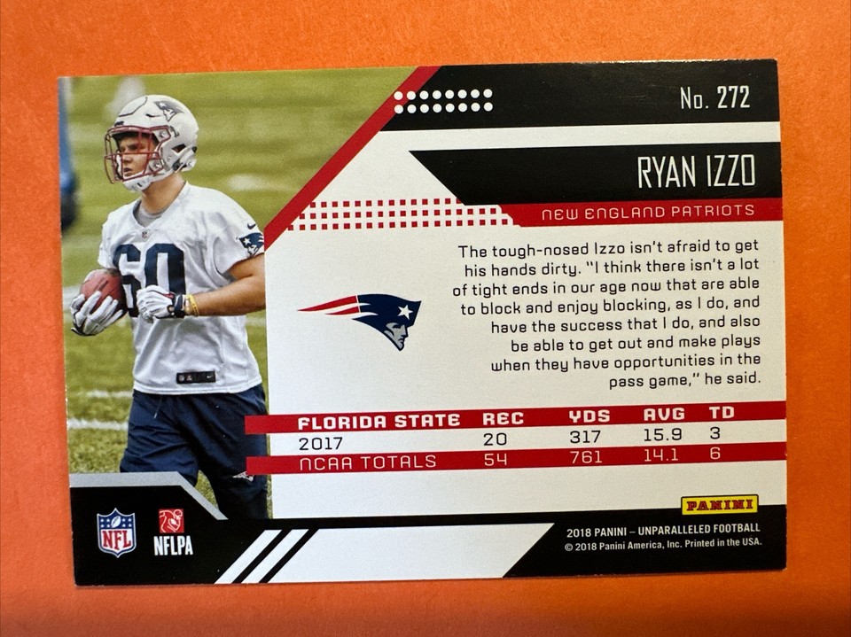 Ryan Izzo ROOKIE 2018 Panini Unparalleled Rookie Impact #272 NFL RC ...