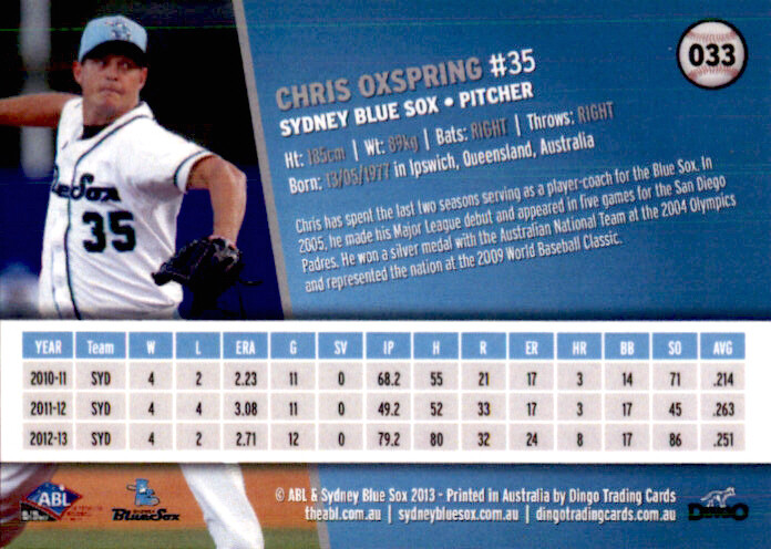 2013-14 Sydney Blue Sox Dingo Australian #33 Chris Oxspring Queensland ...