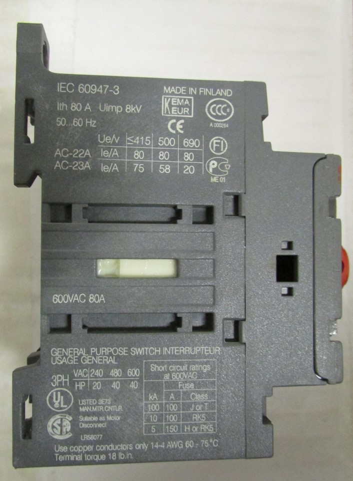 ABB OT63E3 3 Pole 80 AMP Disconnect Switch 1SCA022376R6410 0T63E3 | eBay