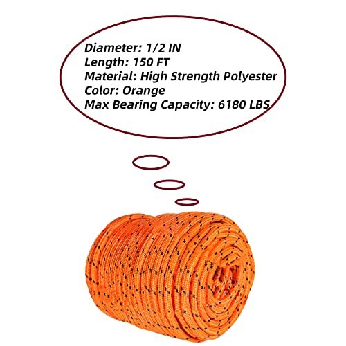 1/2 in 150 FT Orange Double Braided Rope Polyester Rope Heavy 150Feet ...
