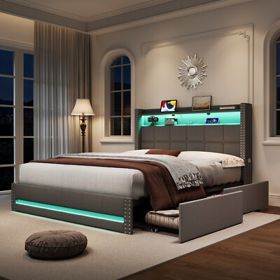 Upholstered Bed Frame Double Bed LED Lights with Storage Drawers ...