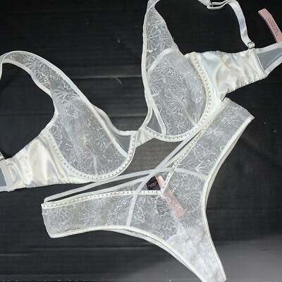 Victoria's Secret unlined 32D BRA SET M strappy panty WHITE silver embroidered | eBay
