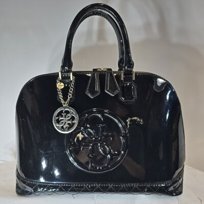 GUESS Shiny Black PVC Gold Emblem Formal Handbag Purse 15" x 11" x 7 ...
