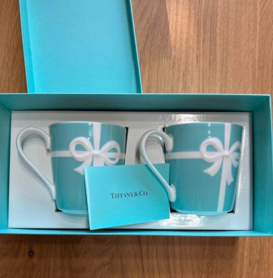 Tiffany & Co Blue Ribbon Porcelain Pair Mug Cup Set of 2 Gift In Box ...
