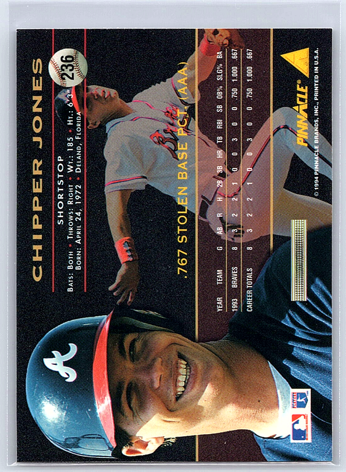 1994 Pinnacle Baseball Chipper Jones Rookie Prospect Card #236 Atlanta ...