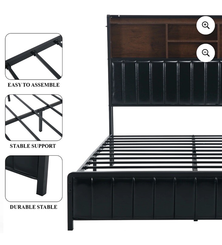 Queen Size Led Bad Frame With Storage Headboard, Metal Bed With ...