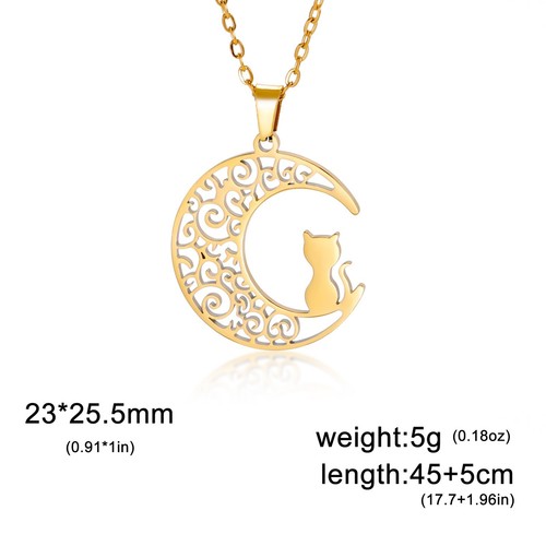 Moon Cat Pendant Necklace for Women Girls Stainless Steel Neck Chain ...