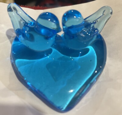 Blue Bird of Happiness On Heart Art Glass Figurine Signed By Artist Ron ...