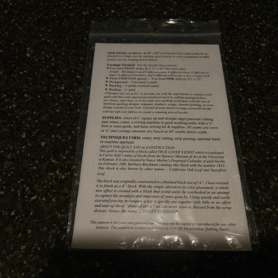 Sweet Nothings Quilt Pattern 51x67 Mountaintop Quilting Studio MQS-105 ...