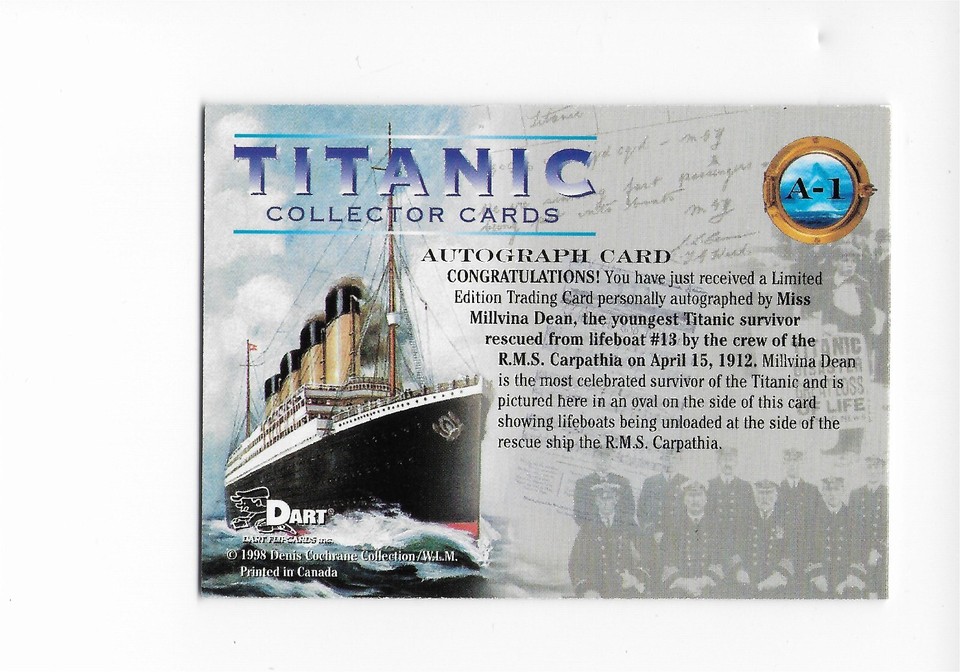 TITANIC CARD UNSIGNED AUTOGRAPH OF SURVIVOR MILVINA DEAN A-1 DART 1998 MINT | eBay