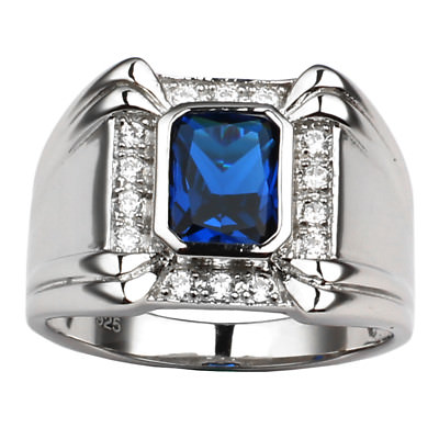 Men Ring 925 Sterling Silver Broad Band 7x9mm Simulated Blue Sapphire ...
